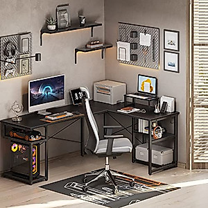 ODK 66" L Shaped Desk Computer Desk with Storage Shelves & PC Stand, Gaming Desk with Monitor Stand, Home Office Writing Desk, Modern Larger Wooden Desk, Black