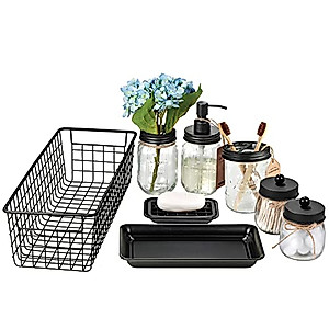 Mason Jar Bathroom Accessories Set 8 Pcs - Lotion Soap Dispenser,Toothbrush Holder,2 Apothecary Jars, Flower Vase,Soap Dish,Vanity Tray,Toilet Paper Holder Storage Bin,Vintage Farmhouse Decor (Black)