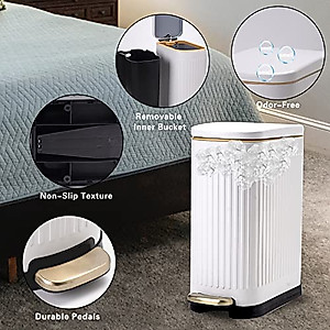 CEROELDA White Bathroom Trash Can with Lid-Stainless Steel Step Slim Garbage Can-Metal Wastebasket-10L/2.6 Gallon Rectangle Pedal Trash Bin for Narrow Office, Kitchen, Bedroom, Toilet-Soft Close