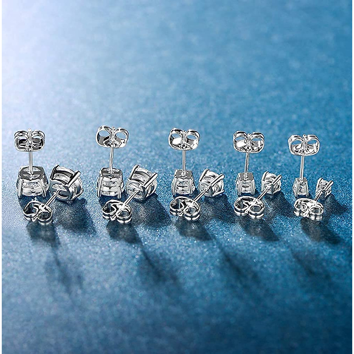 18K Gold Plated 4 Prong Graduated Round Clear Cubic Zirconia Stud Earring Set for Women (5 Pairs) (A-white gold plated)
