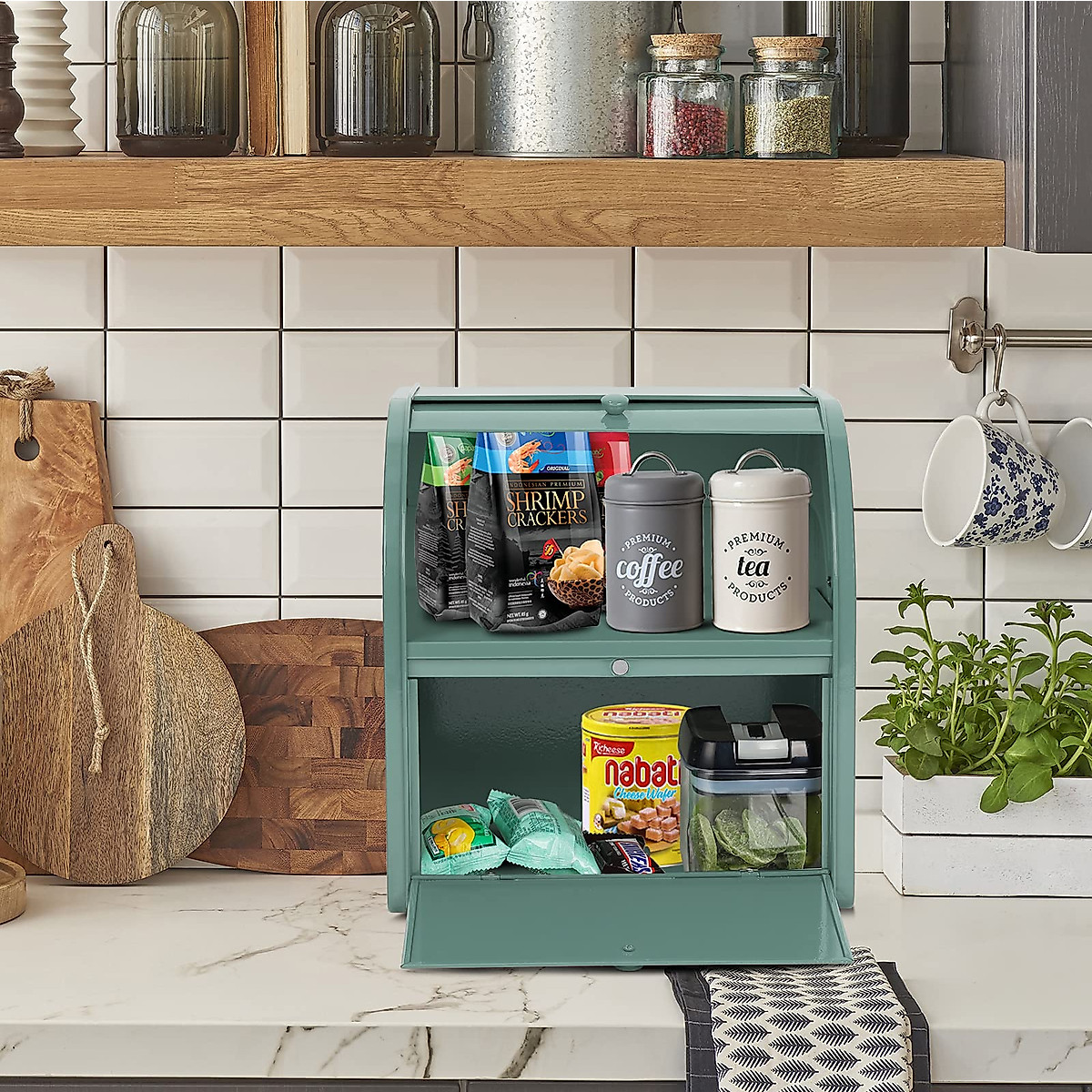 Olebes Bread Box, Metal Bread Box For Kitchen Countertop, Bread Storage Container Holds 2 Loaves Of Bread, High Capacity Breadbox, Bread Holder Suit Farmhouse Kitchen Decor For Counter (Black)