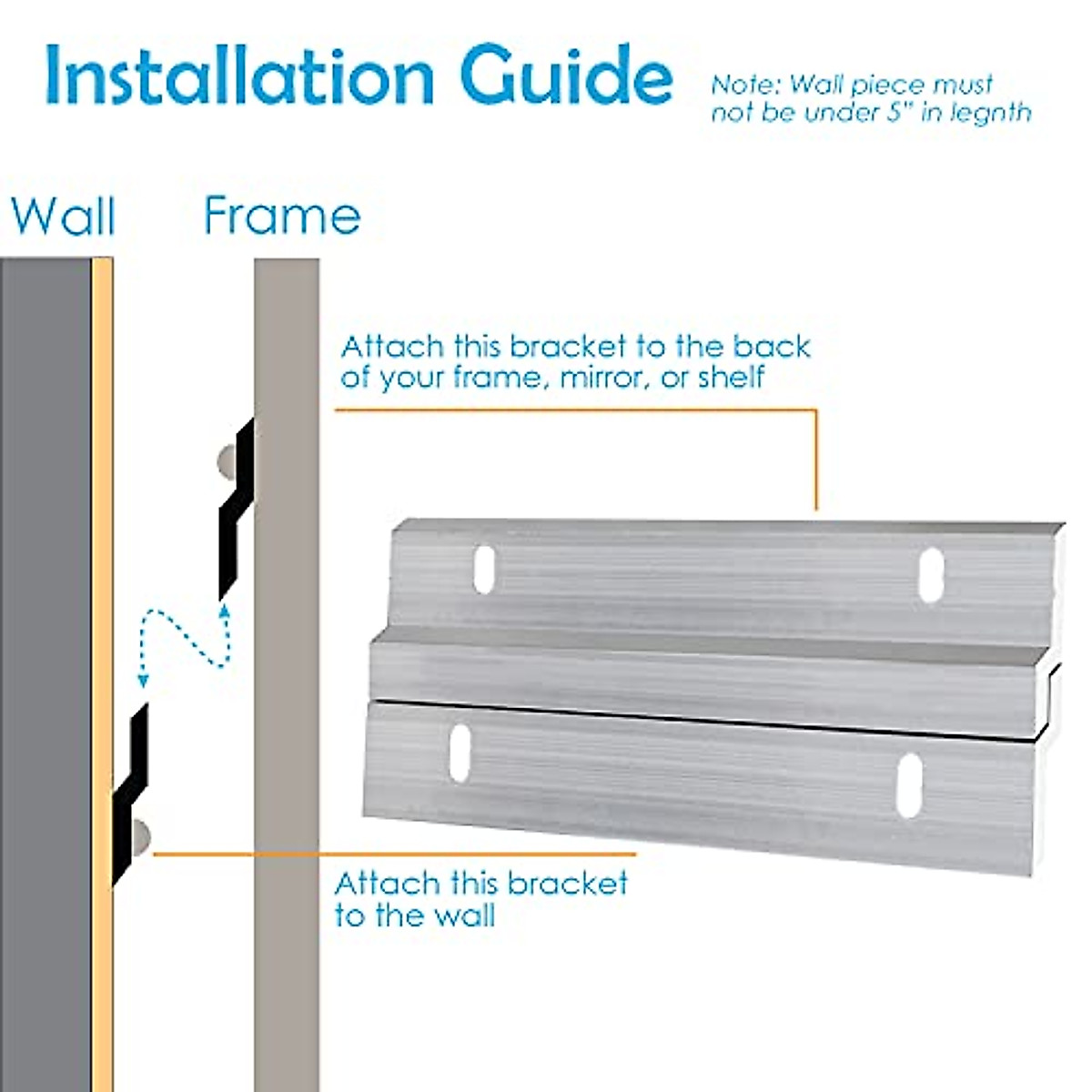 Houseables French Cleat, Picture Hanger Kit, 3 Pair, 6 Inch, 50 Lbs Capacity, Aluminum, Mirror Hanging Hardware, Z Bar Clip Rail Bracket, Wall Mount Hangers w/ Nails, White Board Mounting, Shelf, Art