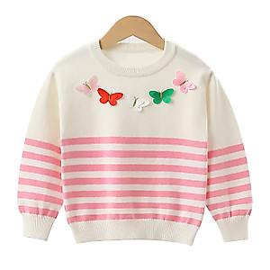 Peacolate Spring Autumn 2-10 Years Little&Big Girl Sweater and Embroidered Jeans 2pcs Clothing Set(Pink White Strips Butterfly,4Years)