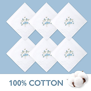 Selected Hanky Women's Cotton Handkerchiefs Flower Embroidered with Lace, Ladies Hankies 6 Pcs - Blue Floral