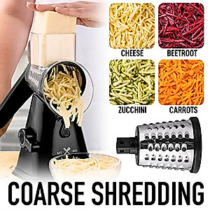 Zulay Kitchen Rotary Cheese Grater with Upgraded Suction - Round Cheese Shredder Grater with 3 Replaceable Stainless Steel Drum Blades - Easy To Use & Clean - Vegetable Slicer & Nut Grinder (Black)