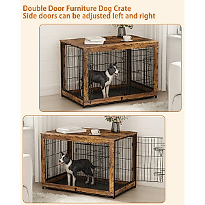 Piskyet Wooden Dog Crate Furniture with Divider Panel, Dog Crate End Table with Fixable Slide Tray, Double Doors Dog Kennel Indoor for Dogs(XL:43.2" L * 28.6" W * 30.3" H,Rustic Style)