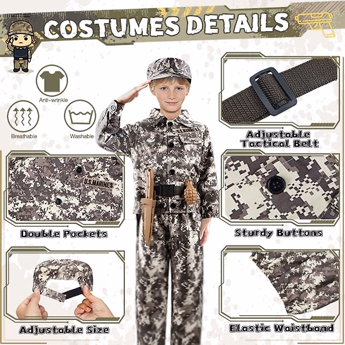 UNIH Army Costume for Kids, Boys Military Soldier Costume with Tactical Vest And Toy Accessories Gear, Halloween Costumes for Boys Kids 3-10 (L)