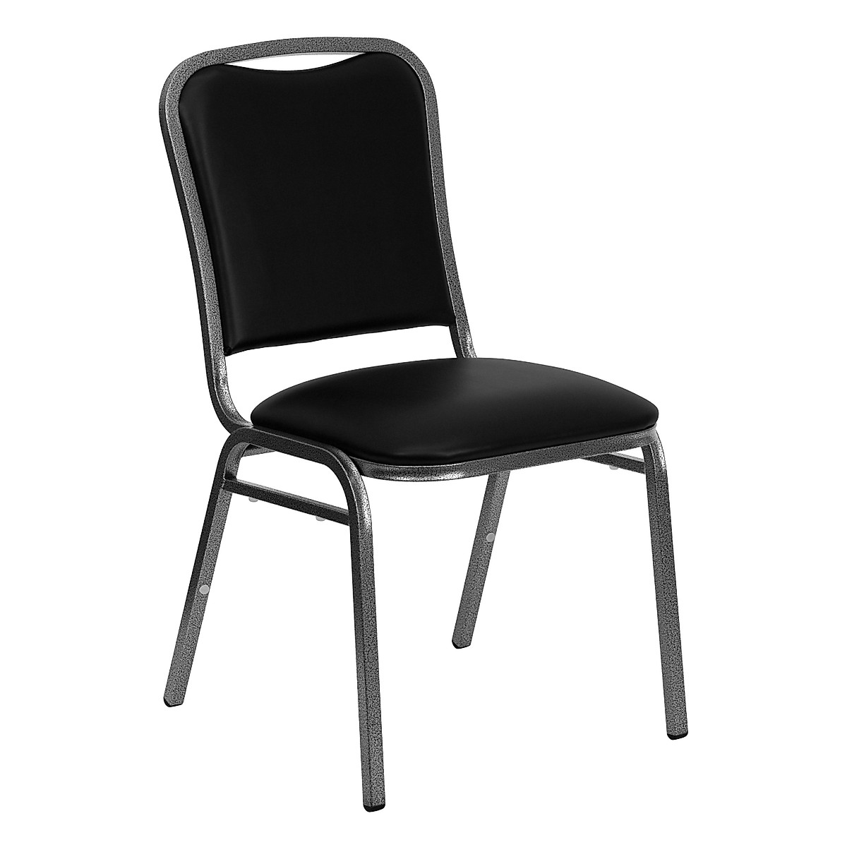 EMMA + OLIVER Stacking Banquet Chair in Black Vinyl - Silver Vein Frame
