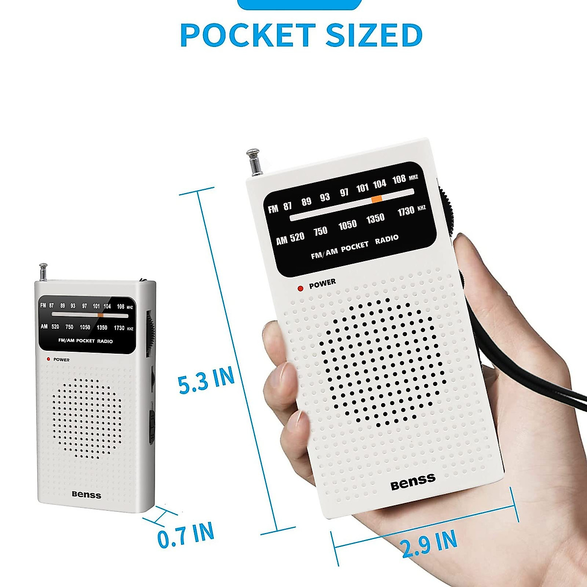Benss Small Radios Portable AM FM, Transistor radios 2AA Battery Operated with Best Reception, Radio with Speaker & Headphone Jack, Pocket Radio for Indoor, Outdoor and Emergency Use(White)