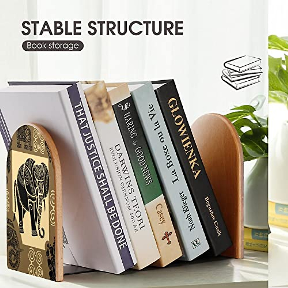 Pack of 2 Bookend Elephants Non-Slip Book Stand Wooden Bookshelf Books Holder for Home Desk Office Library