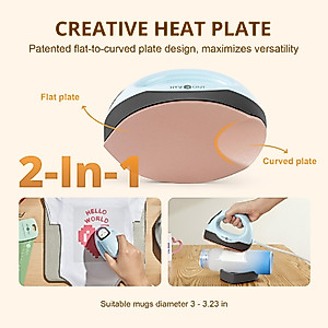 HTVRONT Mini Heat Press - 3 in 1 Heat Press Machine for T-Shirts Mugs Hats with Larger 2 in 1 Curved & Flat Heat Plate -Mini Iron Heat Press 3 Customized Temp & Time, Digital Display Memory Function