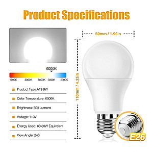 Full Spectrum Light Bulb, 6000K Natural Sunlight Bulbs, 9W 60W Equivalent LED Light Bulb, Natural Light Bulbs A19, E26/E27 LED Light Bulbs for Home, 3 Pack