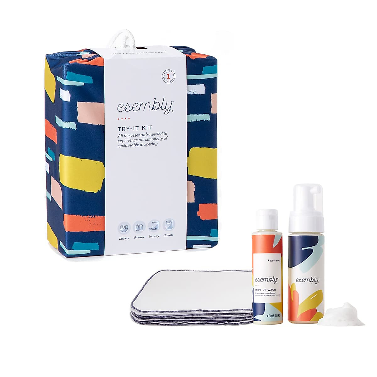 Esembly Cloth Diaper Try-It Kit (Size 1, Brushstroke) and Esembly Wipe Up Wash Kit and 12pk Wipe Ups Bundle, Organic Cotton Reusable Diaper Wipes plus Organic No-Rinse Foaming Wipes Solution