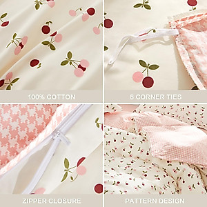SAPHREAS Home Cute Pink Cherry Duvet Cover Cotton Girls Bedding Set Kawaii Rabbit Pattern Bedding Comforter Cover Kids Teens Cute Bed Set 3pcs 1 White Duvet Cover 2 Pillowshams Queen Size