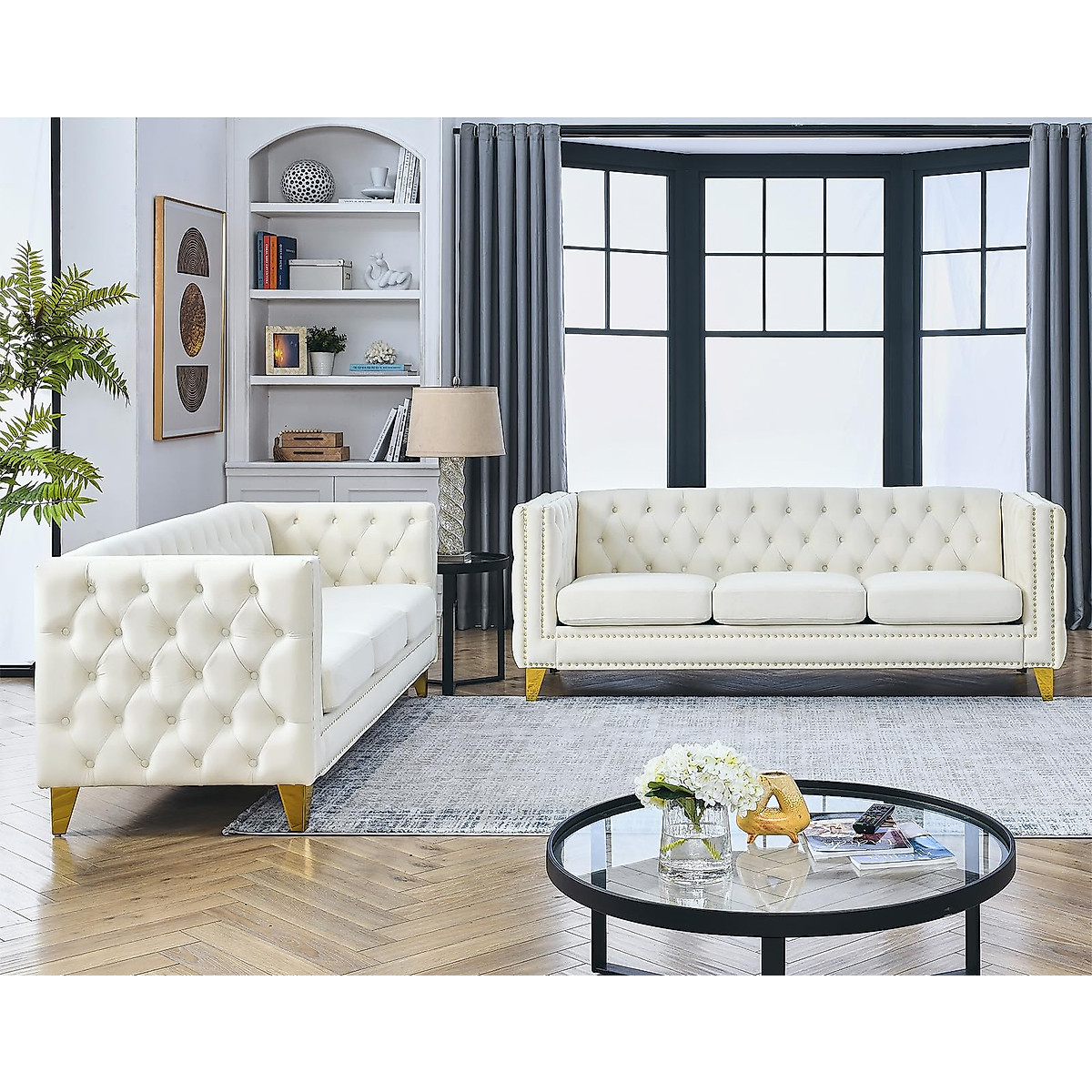 Antetek Comfy Upholstered Couches for Living Room, 80-inch Modern Button Tufted 3-Seater Sofa w/Square Arm, 4 Golden Metal Legs and Gold Nail Heads for Living Room, Office, Apartment, Beige