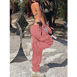 QYANGG Baggy Parachute Pants for Women& Girls Drawstring Elastic Low Waist Ruched Cargo Pants Multiple Pockets Jogger Y2K Pink