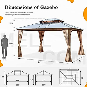MELLCOM 12x14ft Hardtop Gazebo, Polycarbonate Double Roof Aluminum Gazebo, Outdoor Waterproof Canopy Gazebo with Netting and Curtains for Backyard, Deck, Patio