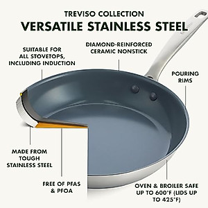 GreenPan Treviso Stainless Steel Healthy Ceramic Nonstick, 9.5" and 11" Frying Pan Skillet Set, PFAS-Free,Clad, Induction, Dishwasher Safe, Silver