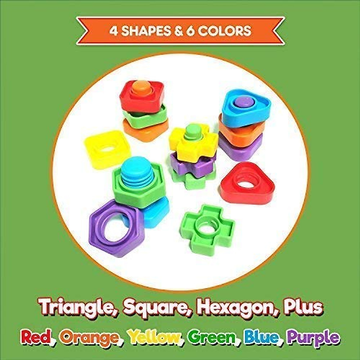 Jumbo Nuts and Bolts For Toddlers - Fine Motor Skills Rainbow Matching Game Montessori Toys For Toddlers & Toddler Games | 12 pc Occupational Therapy Educational Toys with Toy Storage + eBook