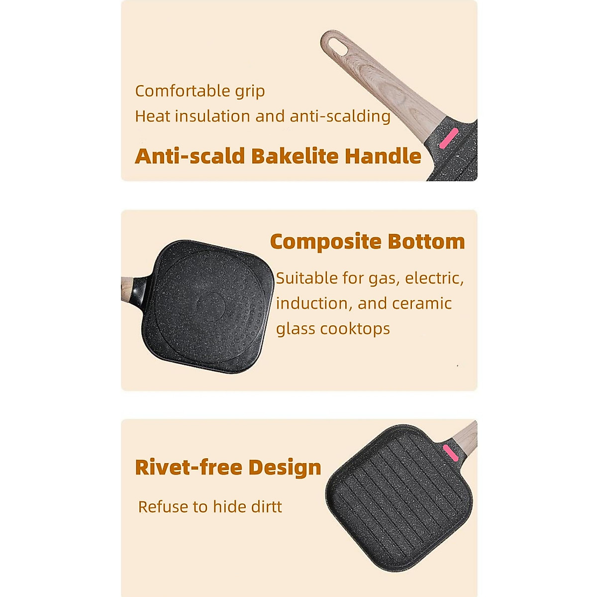 HUPECHAM Grill Pan MINI Size19cm/7.5 Inch For Indoor Cooking Non-Stick Granite, Griddle Pan For Stove Top, Steak Pan For Stove Top, Aluminum Skillet Griddle, Single Serve