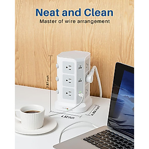 Power Strip Tower by KOOSLA, [15A 1500J] Surge Protector - 12 AC Multiple Outlets and 6 USB Ports, Flat Plug 14 AWG Heavy-Duty Extension Cord 6.5ft, Home Office Supplies, Dorm Room Essentials White