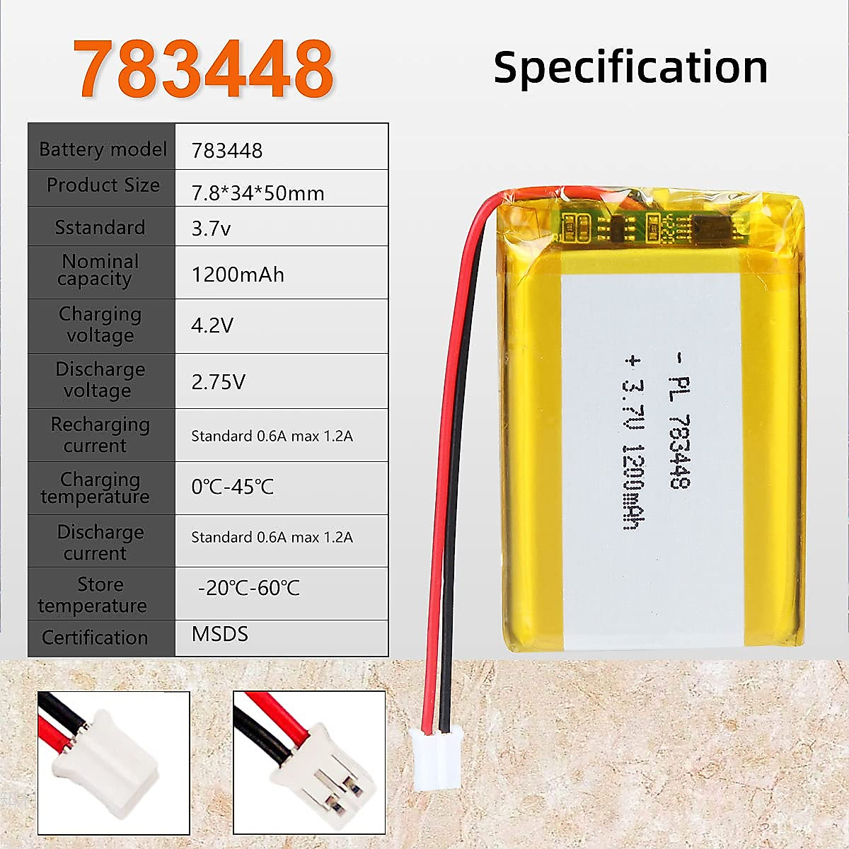 AKZYTUE 3.7V 1200mAh 783448 Lipo battery Rechargeable Lithium Polymer ion Battery Pack with JST Connector
