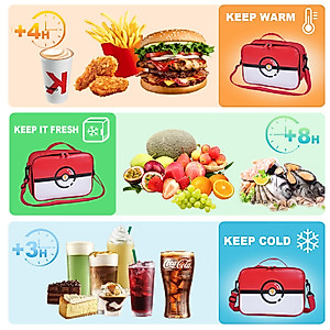 Insulated Lunch Bag for Boys/Girls/Kids, Reusable Cooler Bags for School/Picnic/Travel, White Red Adjustable Shoulder Strap Lunchbox