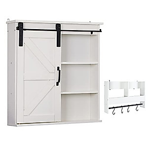 PHI VILLA Farmhouse Bathroom Wall Cabinet with Sliding Barn Door Medicine Storage Cabinet Wall Mounted with 3-Tier Rustic Storage Cabinet for Bathroom Furniture, White(Bathroom Shelves Included)
