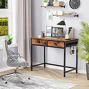 Furologee Computer Desk with 2 Fabric Drawers, Small Home Office Writing Desk, Vanity Desk with Hooks, Simple Study Desk for Small Spaces, Makeup Dressing Table, Rustic Brown