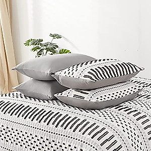 DJY Boho Comforter Set Queen Size Bed in a Bag 7 Piece Black and White Tufted Shabby Chic Bedding Embroidered Stripe Comforter with Sheets and Pillowcases, Soft Lightweight Bedding for All Season
