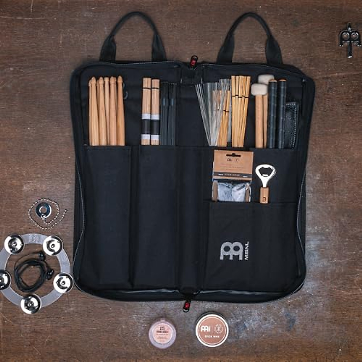 Meinl Percussion Drum Stick Bag with Extra Outside Pocket and Floor Tom Hooks – for Mallets, Brushes and Accessories, Black, Standard (MSB-1)
