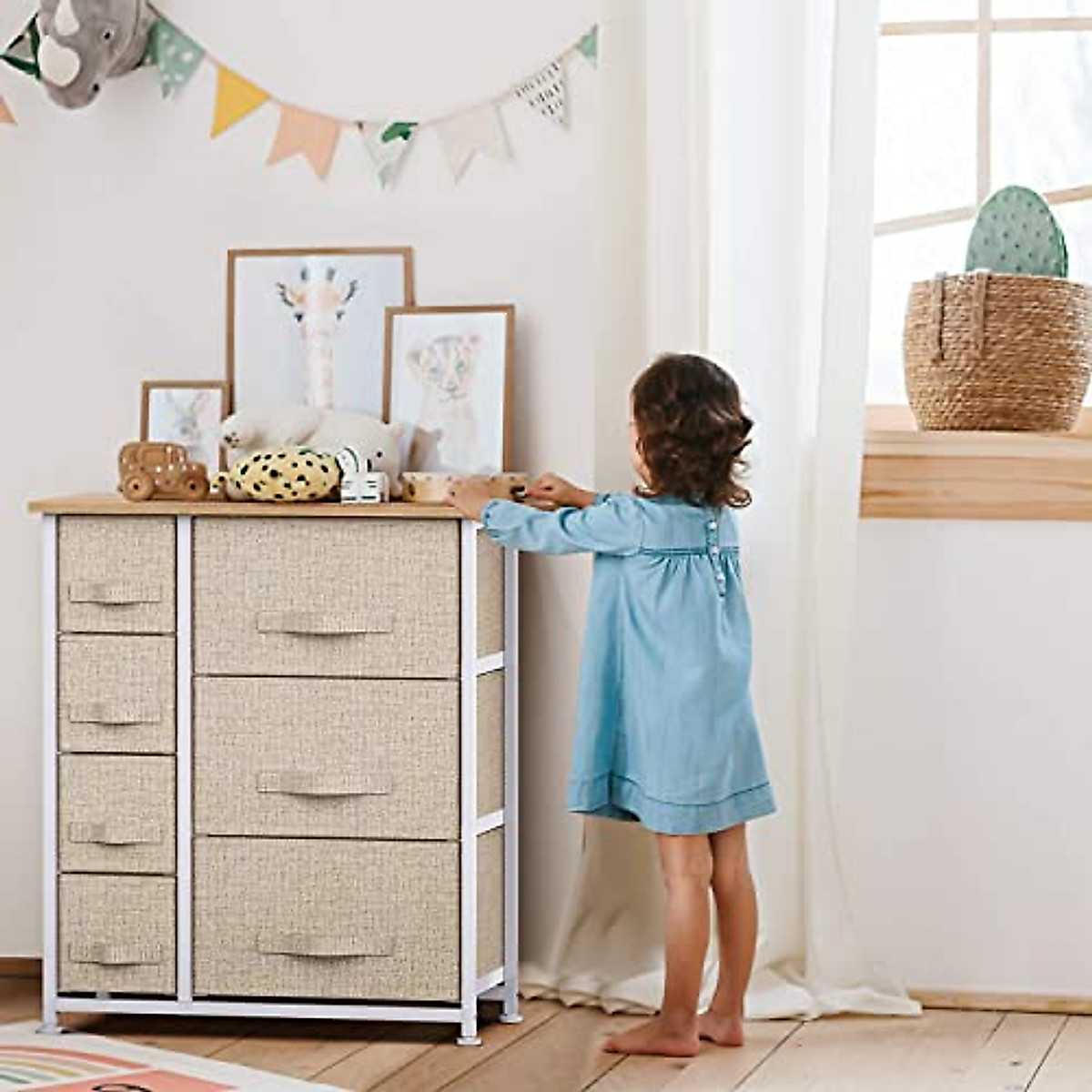 Pipishell 7 Drawer Fabric Dresser Storage Tower, Dresser Chest with Wood Top and Easy Pull Handle, Organizer Unit for Closets, Bedroom, Nursery Room, Office