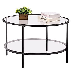 VINGLI Glass Coffee Table,30" Round Coffee Table Black Coffee Tables for Living Room,2-Tier Glass Top Coffee Table with Storage Clear Coffee Table,Simple & Modern Center Table Mesa de Centro Para Sala