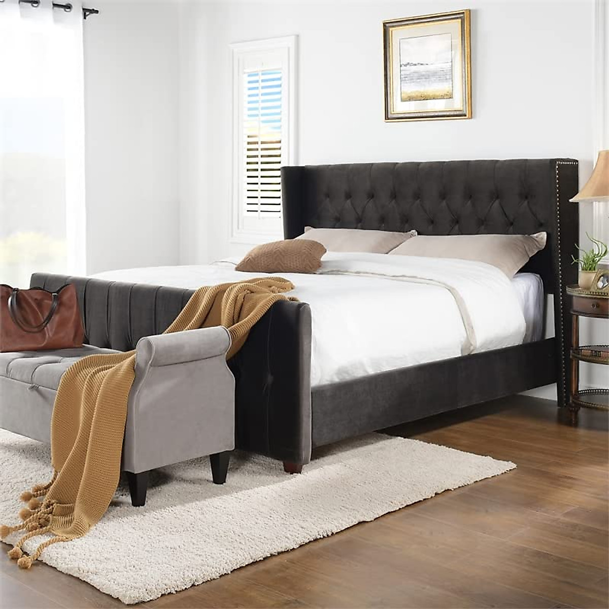 Jennifer Taylor Home David Collection Modern Upholstered King Size Size Bed Frame, Hand Tufted and Nailhead Trim, Dark Charcoal Grey