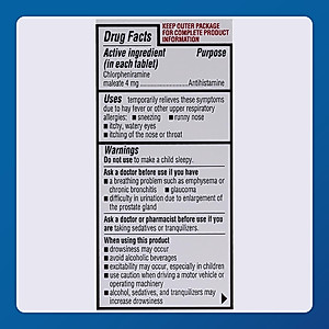 MAJOR Chlorpheniramine 4 Mg Tabs - Chlorpheniramine Maleate 4-Hour Allergy Medicine Tablets - Antihistamine for Sneezing, Itchy and Watery Eyes, Itchy Throat, Runny Nose - 100 Tablets per Bottle