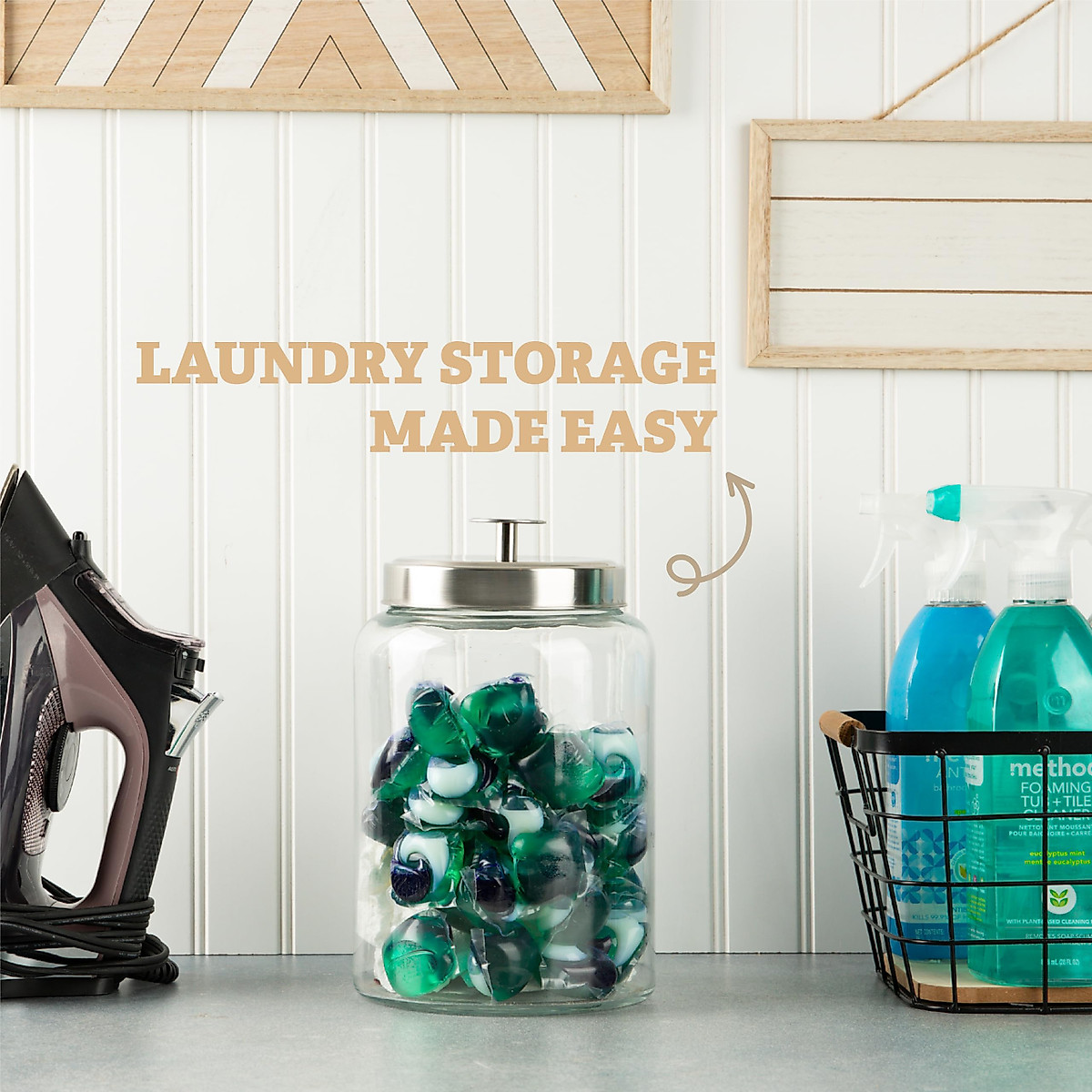 kitchentoolz Gallon Glass Jar for Laundry Detergent Pods and Powder Containers for Kitchen and Laundry Room Organization- Stainless Steel Airtight Lid - Pack of 1