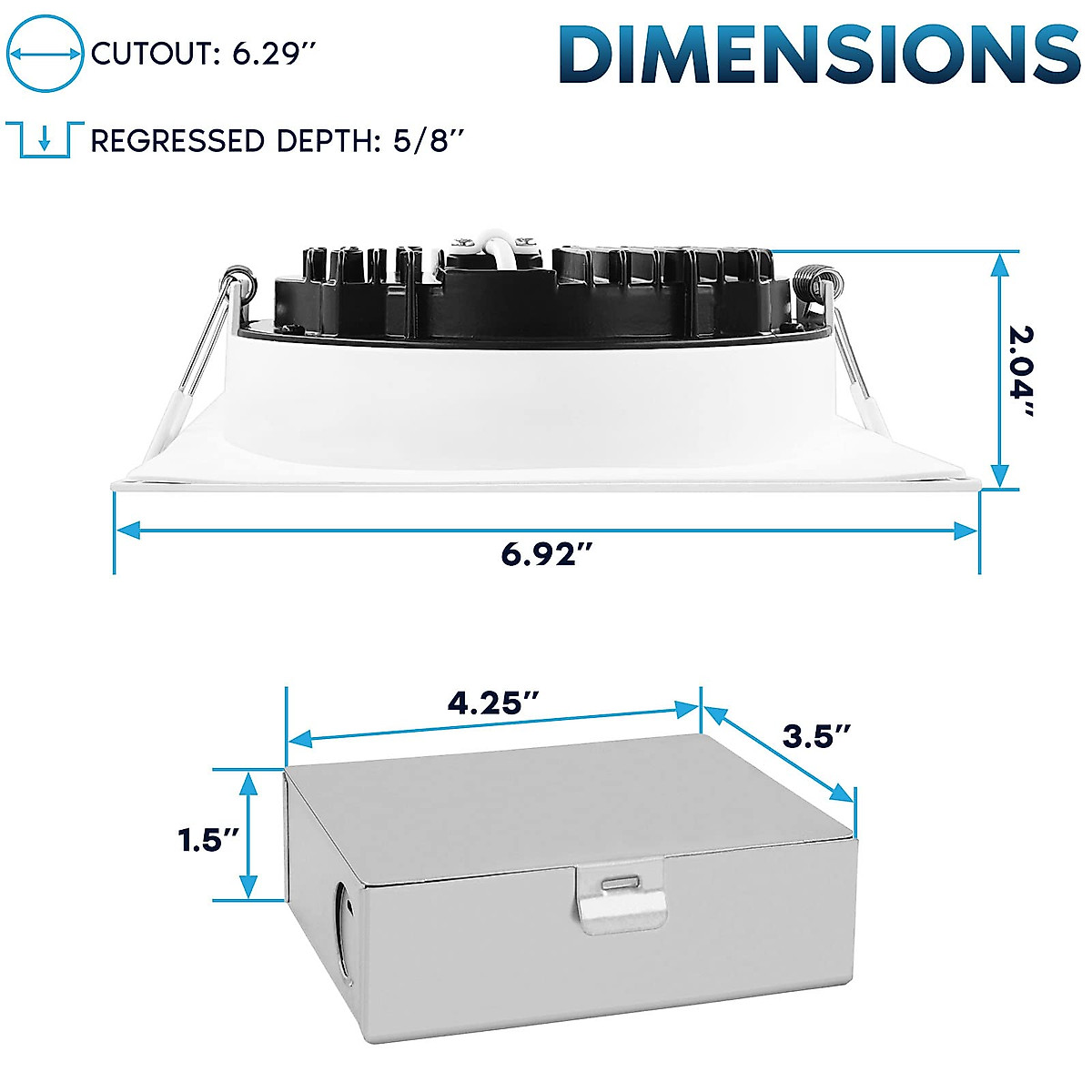 LUXRITE 6 Inch Square LED Recessed Ceiling Light with Junction Box, 18W, 5CCT Selectable 2700K/3000K/3500K/4000K/5000K, 1800LM High Brightness, Dimmable Canless Downlight, Wet Rated, ETL (6 Pack)