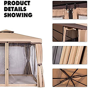 Skiway 10'x 10' Patio Gazebo Canopy Outdoor Tent Shelter with Double Square Tops, Shade Curtains and Mosquito Netting -Brown, Front Porch