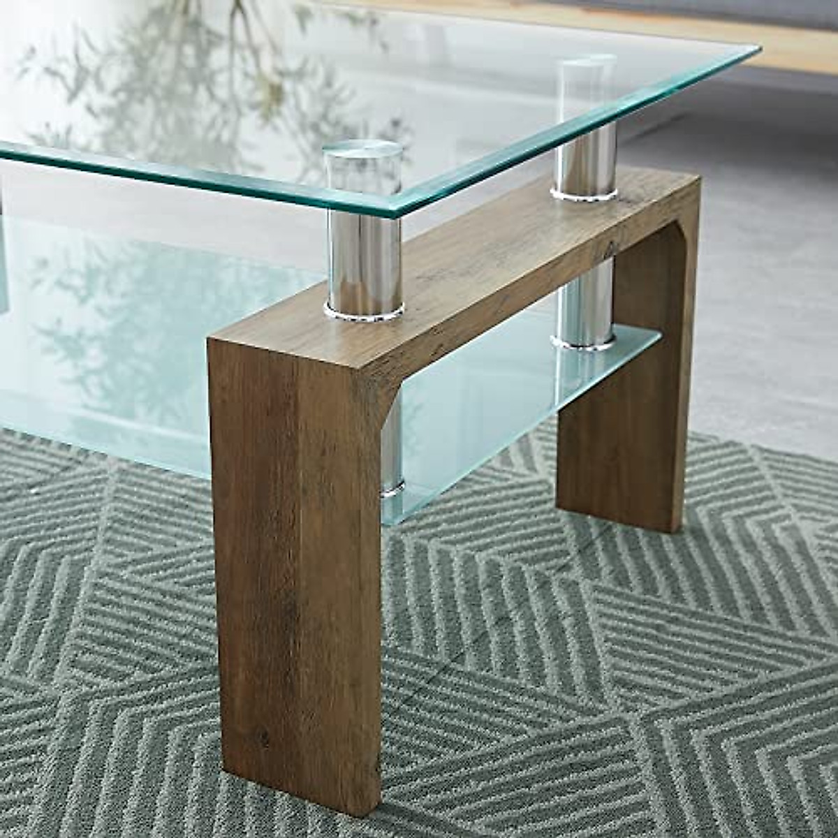 CLIPOP Rectangle Glass Coffee Table w/Tempered Glass Tabletop Stainless Steel Tube, 2-Tier Tea Table, Modern Center Side Table w/Lower Shelf & Wooden Legs for Living Room Guest Reception Room, Oak