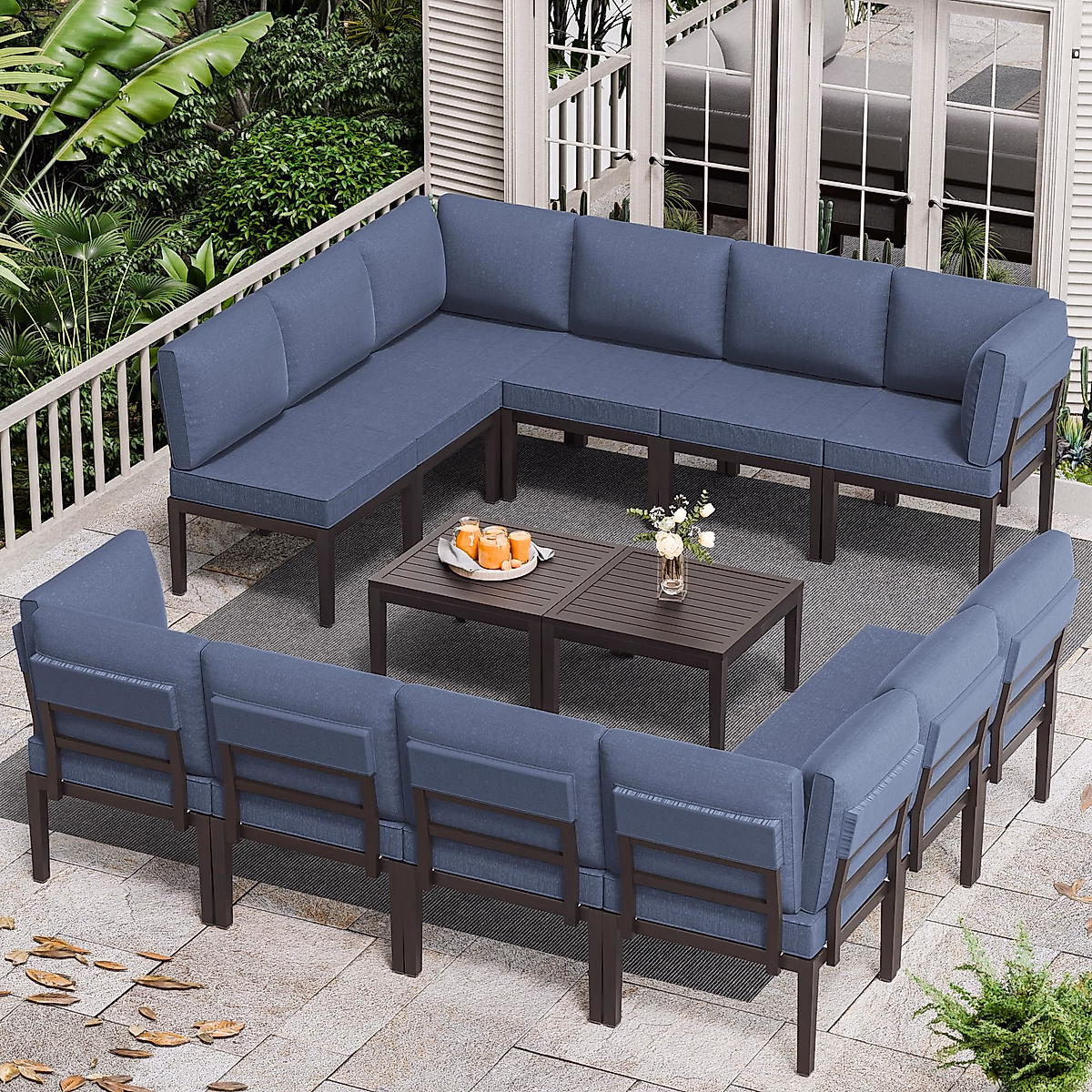 Knnbxa 14 Pieces Patio Furniture Set 12-Seat Metal Modular Outdoor Patio Conversation Sectional w/Thick Cushion and Coffee Table for Deck,Backyard,Lawn,Navy Blue
