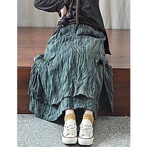 NFYM Women's Cotton Linen Skirts Textured Casual Layered Elastic Waistband Slit Mid-Calf Skirt with Pockets (as1, Alpha, one_Size, Regular, Regular, Dark Green)