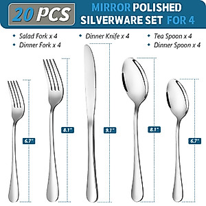 20 Piece Silverware Set, Stainless Steel Flatware Utensil Sets for 4, Silver Cutlery Set Includes Forks Spoons Knives, Mirror Polished, Dishwasher Safe