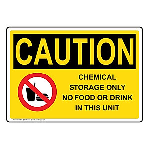 ComplianceSigns.com Caution Chemical Storage Only No Food Or Drink in This Unit OSHA Safety Label Decal, 5x3.5 in. Vinyl 4-Pack for Hazmat