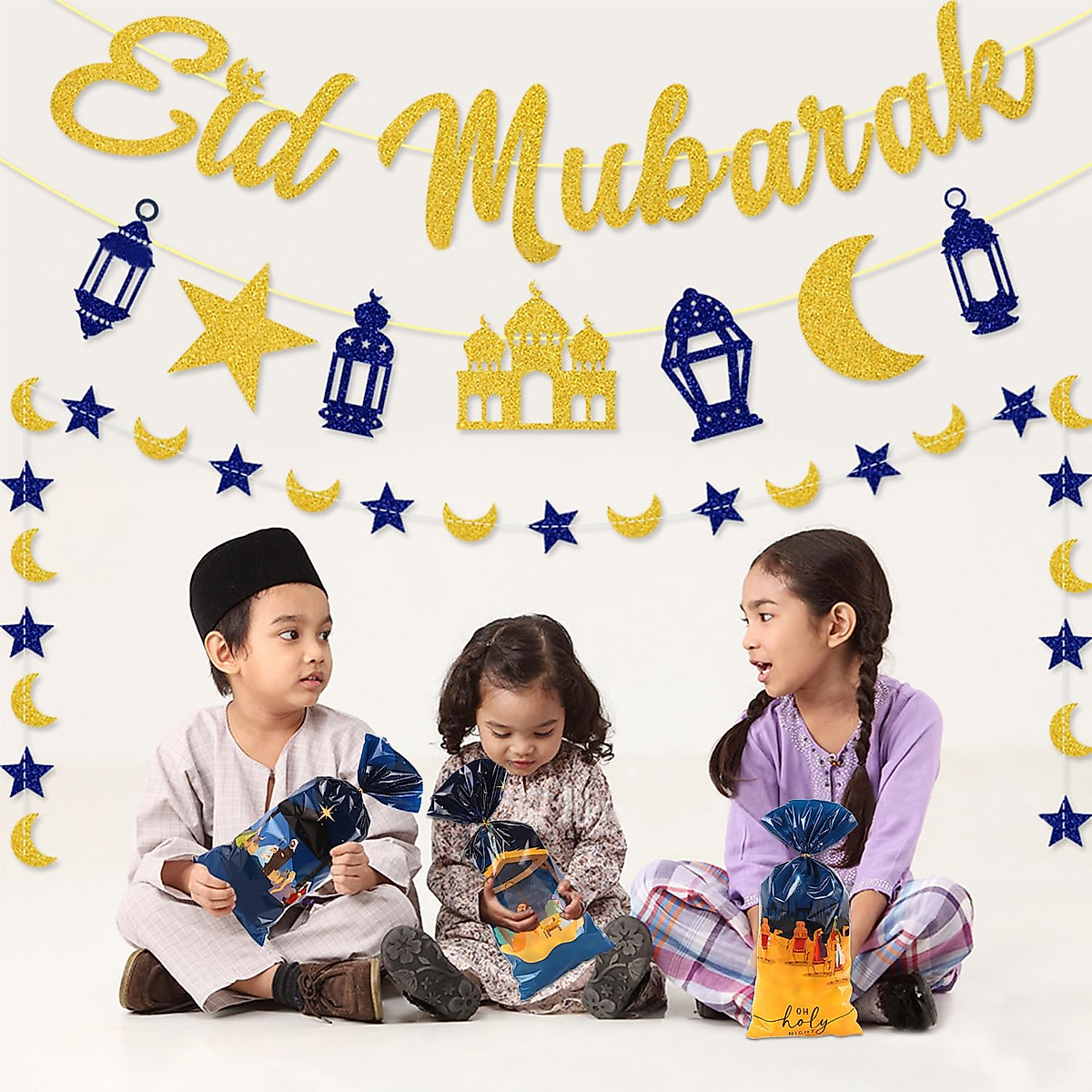 sorkwo 100 Pcs Eid Mubarak Goodie Bags Cellophane Treat Bags Eid Candy Bags for Gifts, Muslim Castle Moon Star Plastic Cellophane for Eid Party Decorations Party Supplies