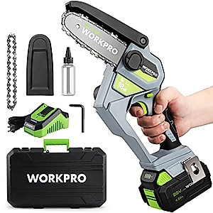 WORKPRO Mini Chainsaw, 6.3“ Brushless Cordless Power Compact Chain Saw with 4.0Ah Battery, 20V One-Hand Operated Portable Wood Saw with Replacement Chain for Garden Tree Branch Pruning, Wood Cutting