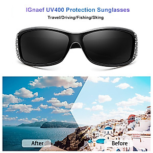 IGnaef Polarized Sunglasses for Women, Rhinestone Women Sunglasses UV400 Protection for Driving/Fishing/Shopping