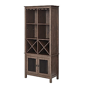 Home Source 72" Wood Exquisite Bar Wine Cabinet with Storage,Liquor Cabinet with Removable Wine Racks,Bookcase,Kitchen Pantry Storage Cabinet for Kitchen,Dining Room, Living Room,Mahogany
