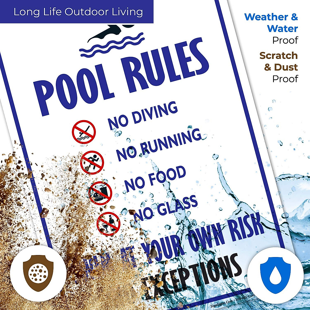 Pool Rules Sign, No Diving No Running No Food No Glass, 10x14 Inches, Rust Free .040 Aluminum, Fade Resistant, Made in USA by Sigo Signs