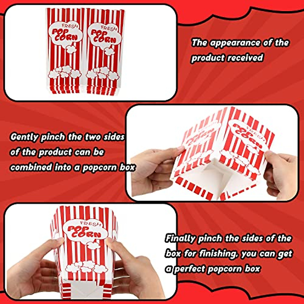 Fuutreo 120 Pack Movie Night Popcorn Box Paper Popcorn Bucket Bowl Bulk 46 oz Red and White Popcorn Bag Snack Container Holder 7.87" for Popcorn Machine Theater Carnival Circus Party Decor Supplies