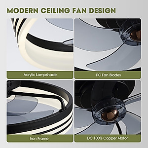 LUDOMIDE Ceiling Fans with Lights, Flush Mount Ceiling Fan with Lights and Remote, 6 Wind Speeds Smart Low Profile Ceiling Fan for Bedroom, Kids Room and Living Room 20" (Black)